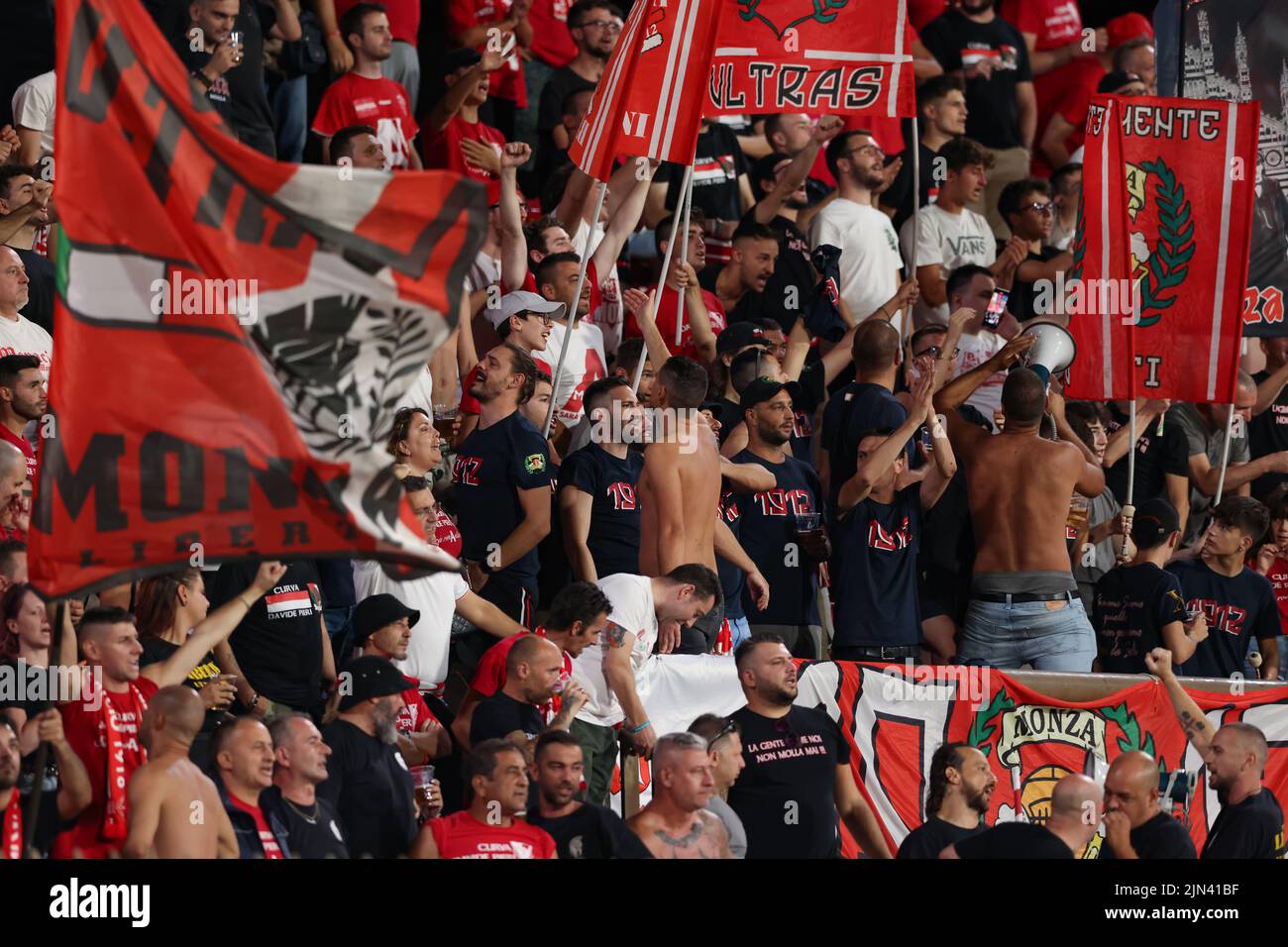 Monza, Italy, 7th August 2022. AC Monza fans get behind their team ...