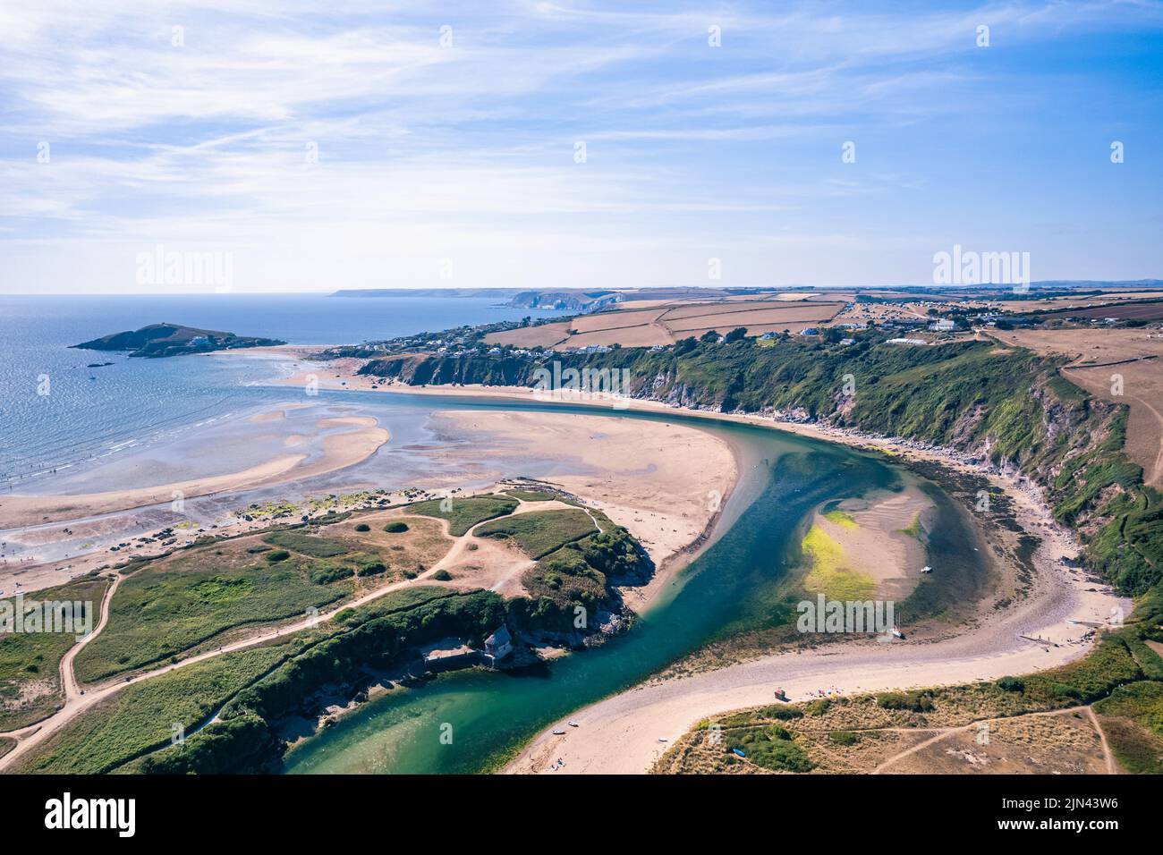 Bantham Beach and River Avon from a drone, South Hams, Devon, England ...