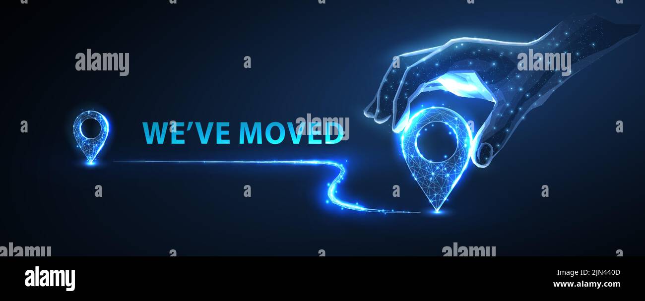 Two pin icons with move path. New office location, change business ...
