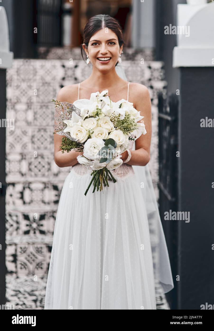 We all dream of this day. a beautiful bride standing outside Stock ...