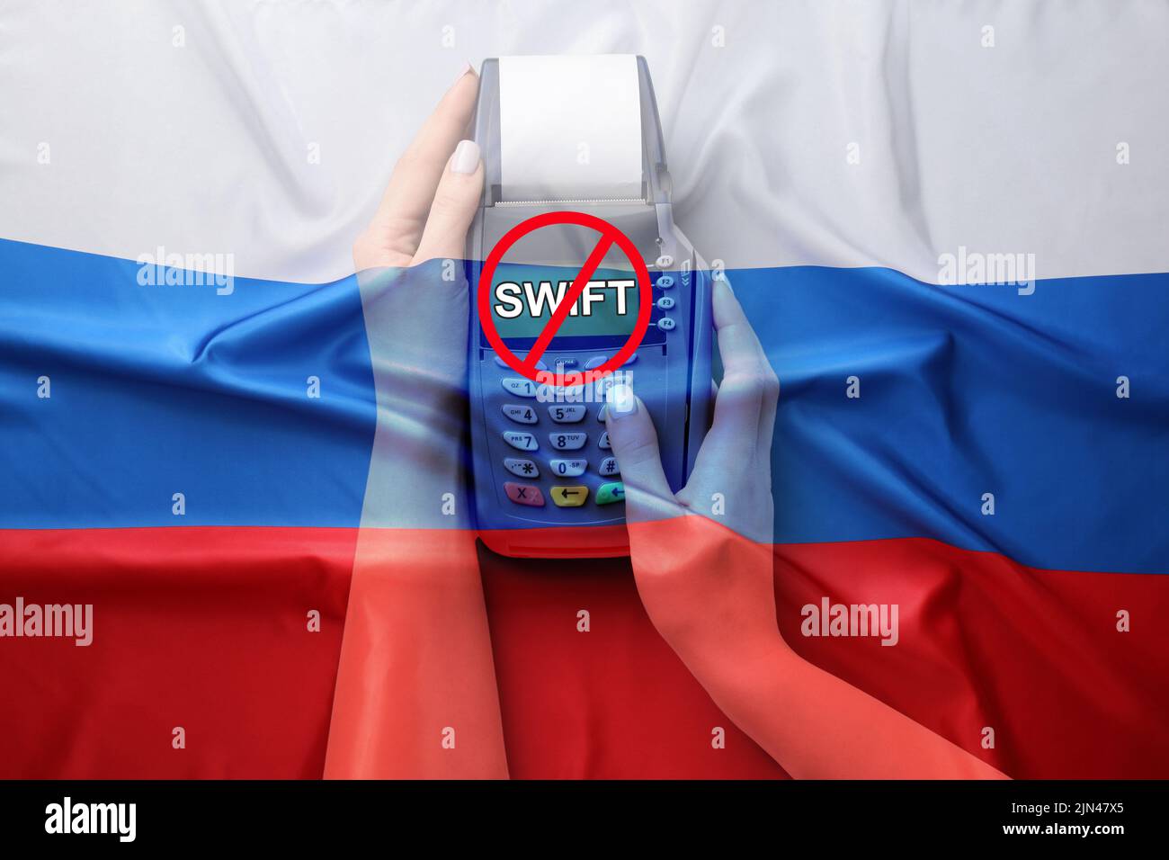 Triple exposure of hands with payment terminal, Russian flag and ...