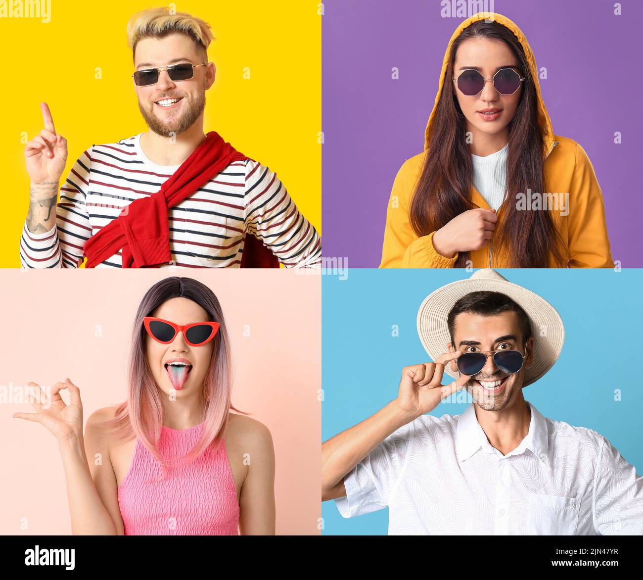 Collage of young people in stylish sunglasses on color background Stock ...