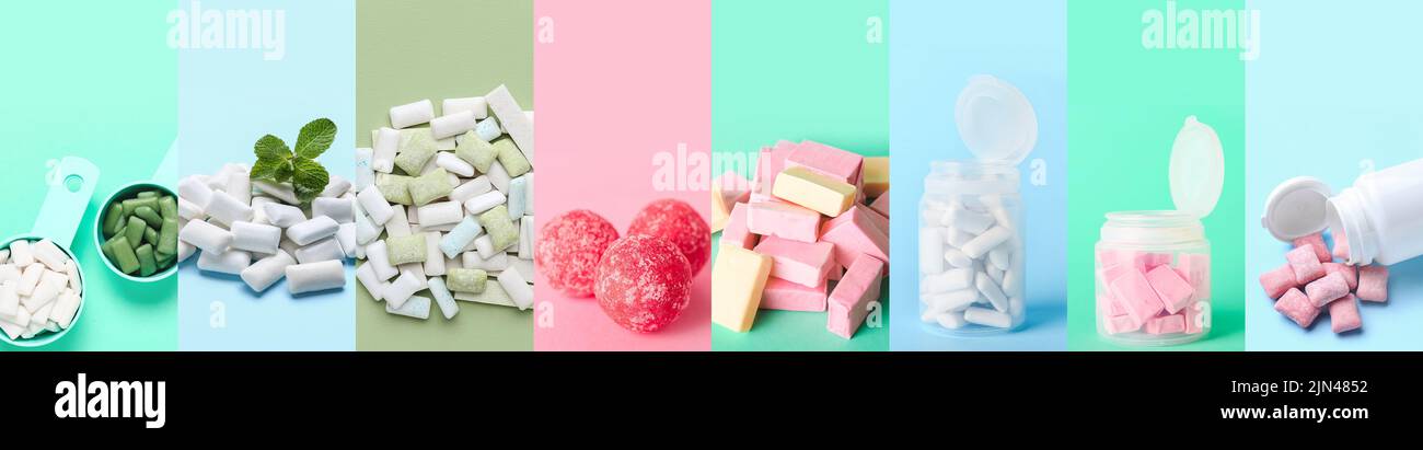 Collage with different chewing gums on color background Stock Photo - Alamy