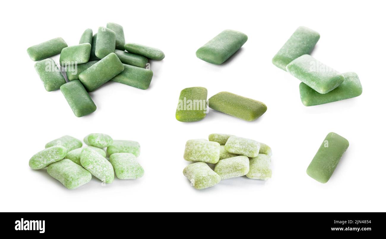 Set of green chewing gums isolated on white Stock Photo - Alamy