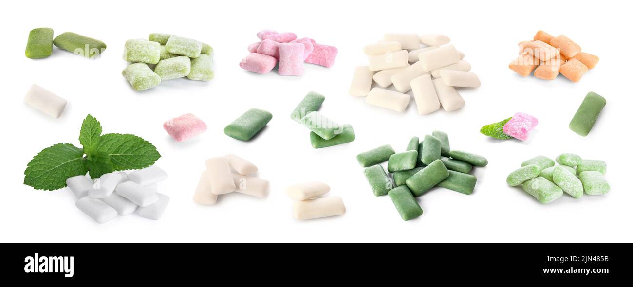 Set of different chewing gums isolated on white Stock Photo - Alamy