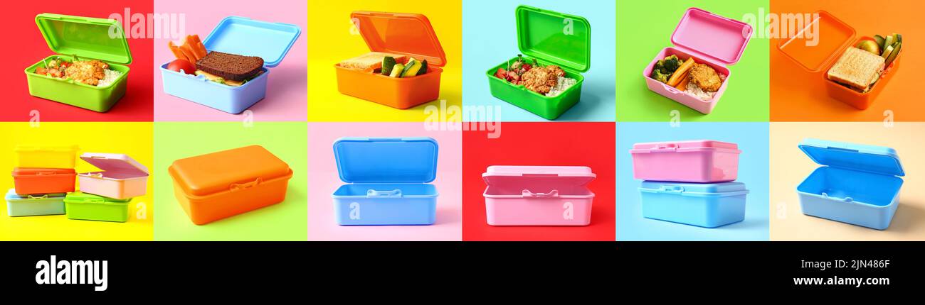 Collection of lunch boxes with healthy food on color background Stock ...