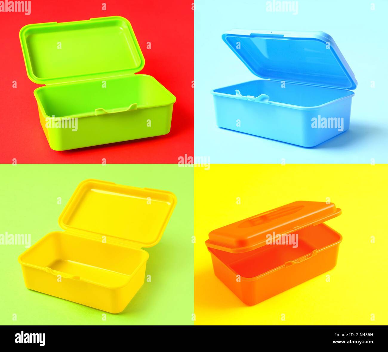Collage of empty lunch boxes on color background Stock Photo - Alamy
