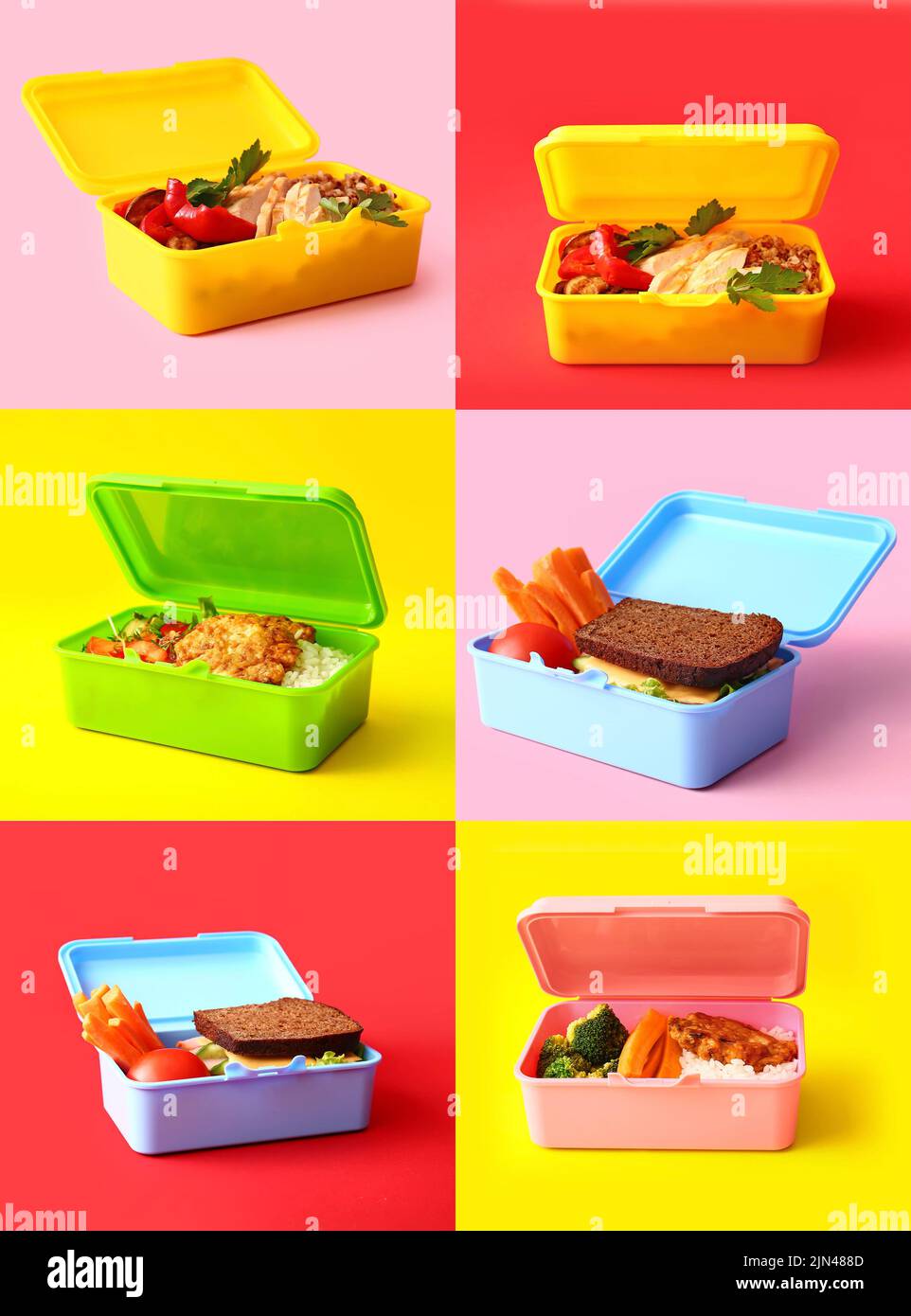 Group of lunch boxes with healthy food on color background Stock Photo ...