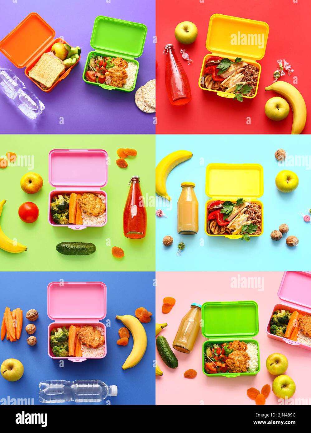 Collection of lunch boxes with fresh food and drinks on color ...