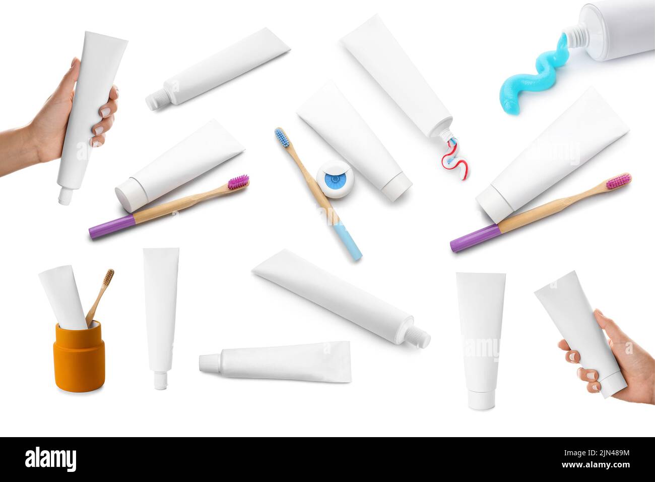 Set of toothpaste and brushes isolated on white Stock Photo - Alamy