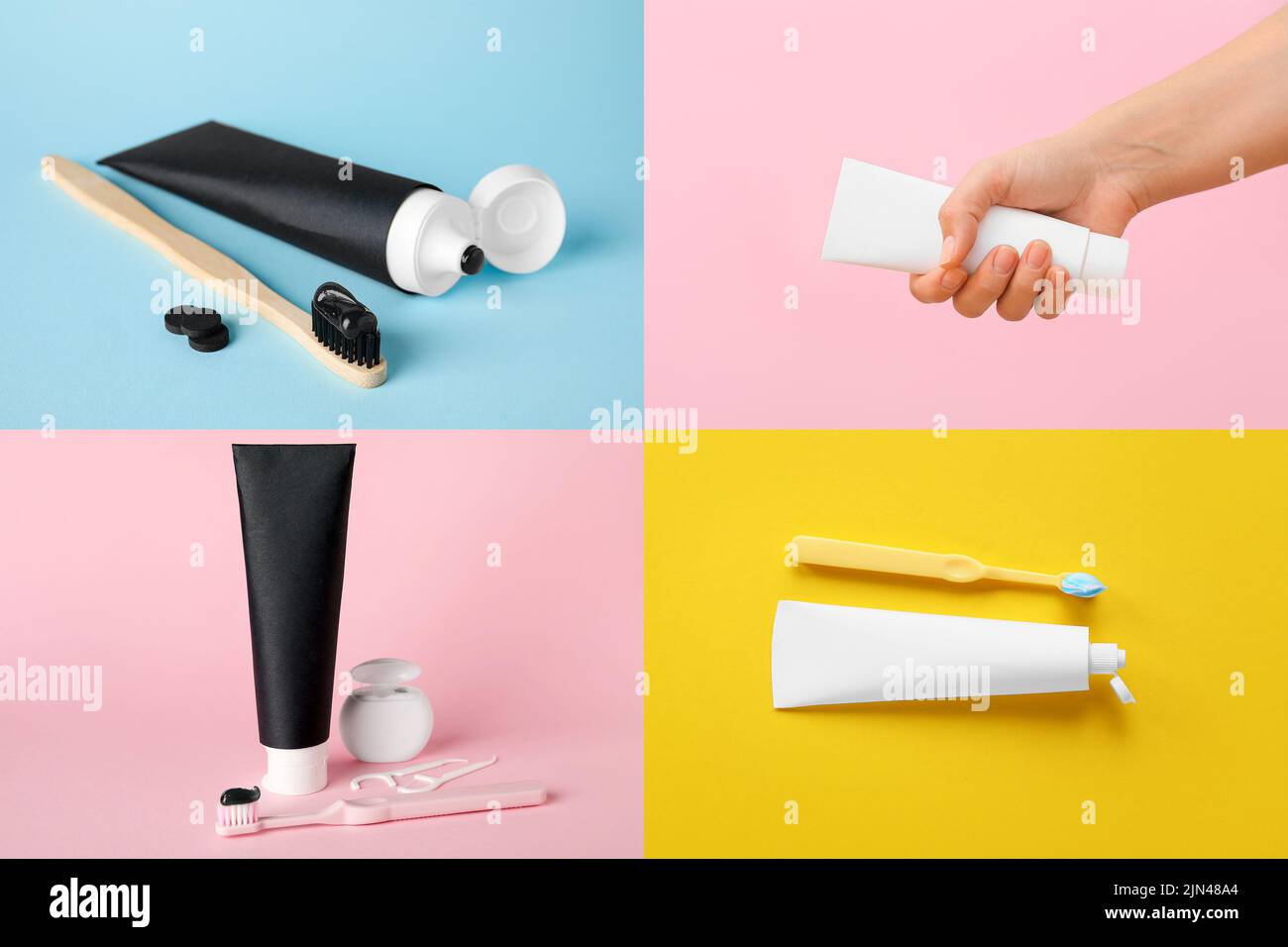 Collage with different toothpaste and brushes on color background Stock ...