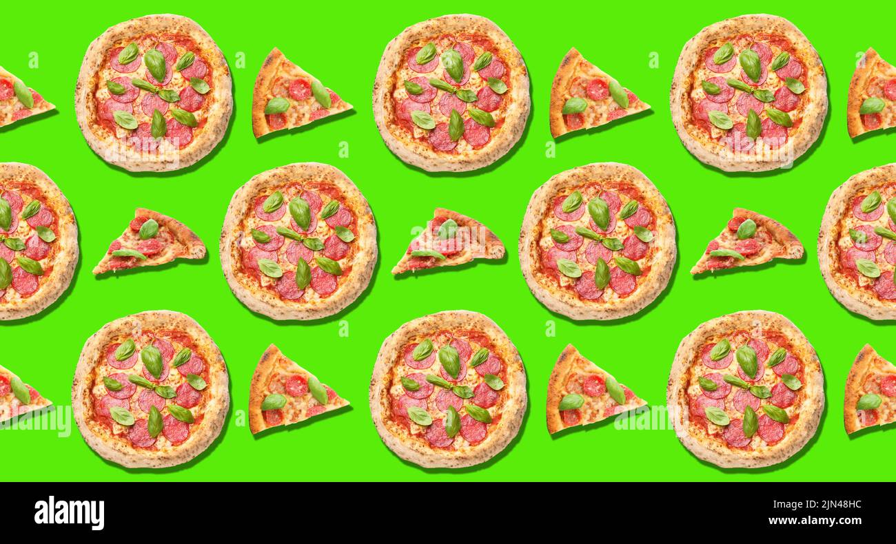 Many tasty pizzas and slices on green background. Pattern for design ...
