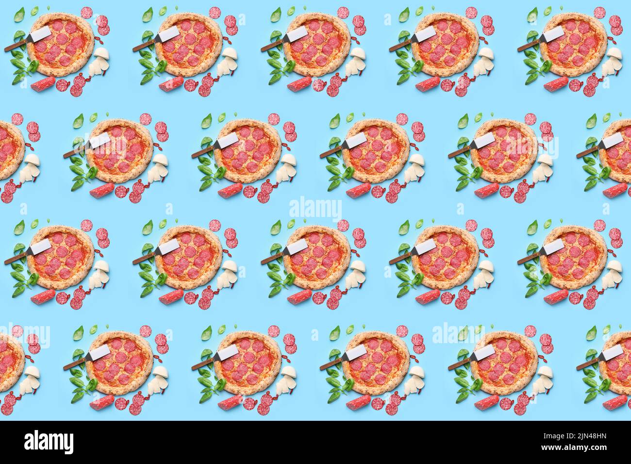 Many tasty pizzas on light blue background. Pattern for design Stock ...