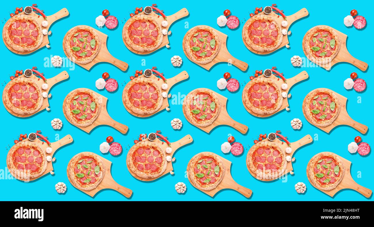 Many tasty pizzas and ingredients on light blue background. Pattern for ...