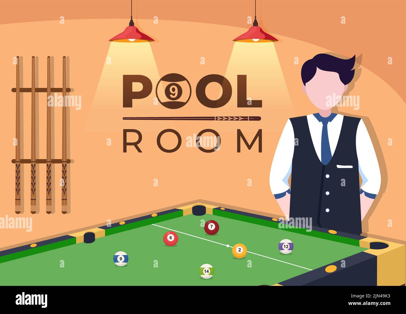 Billiards Game Hand Drawn Cartoon Flat Illustration with Player Pool ...