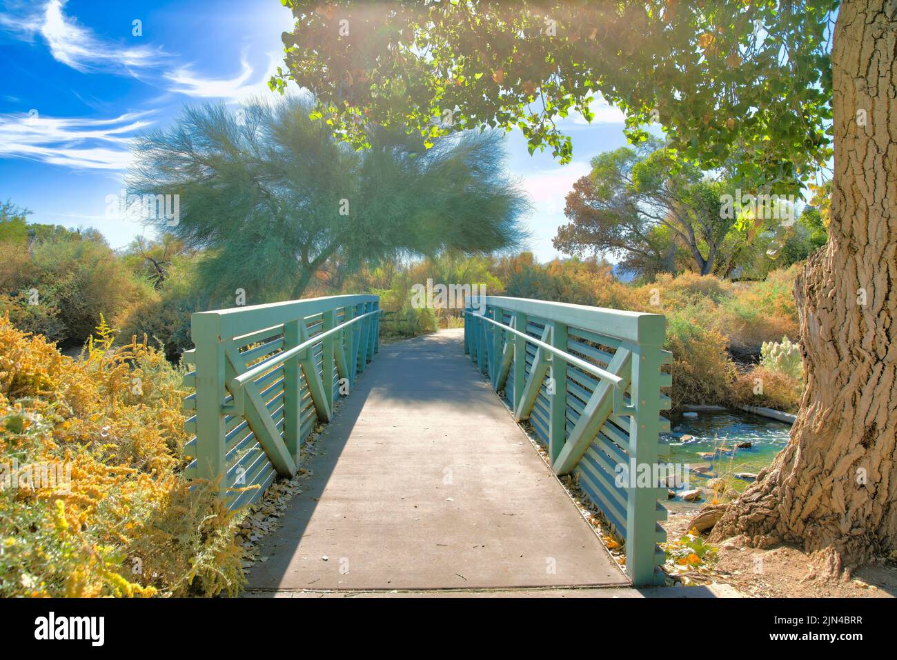 Concrete bridge with painted green barrier over a creek at Sweetwater ...