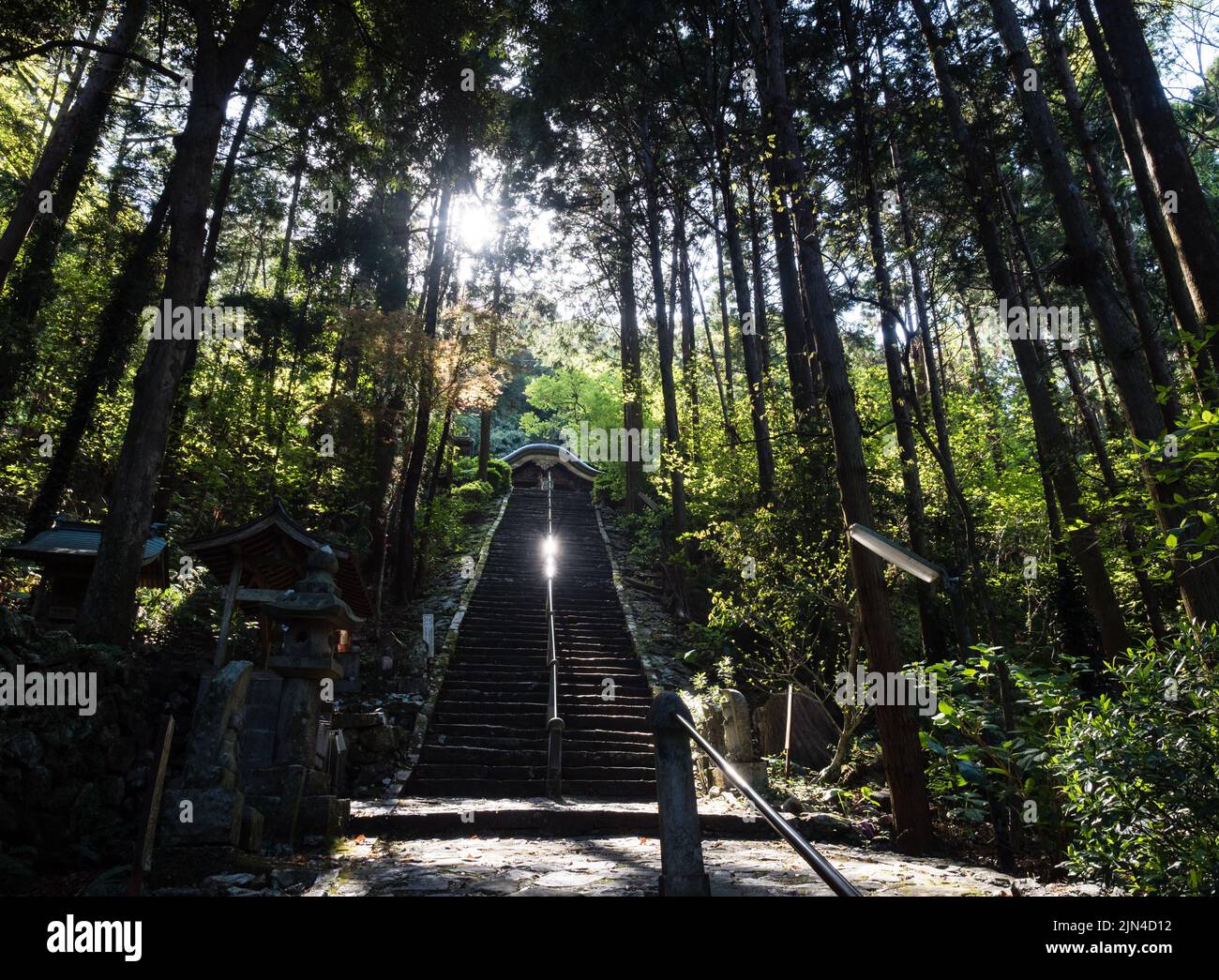 Steep stairs leading to the main hall of Shoryuji, temple number 36 of ...