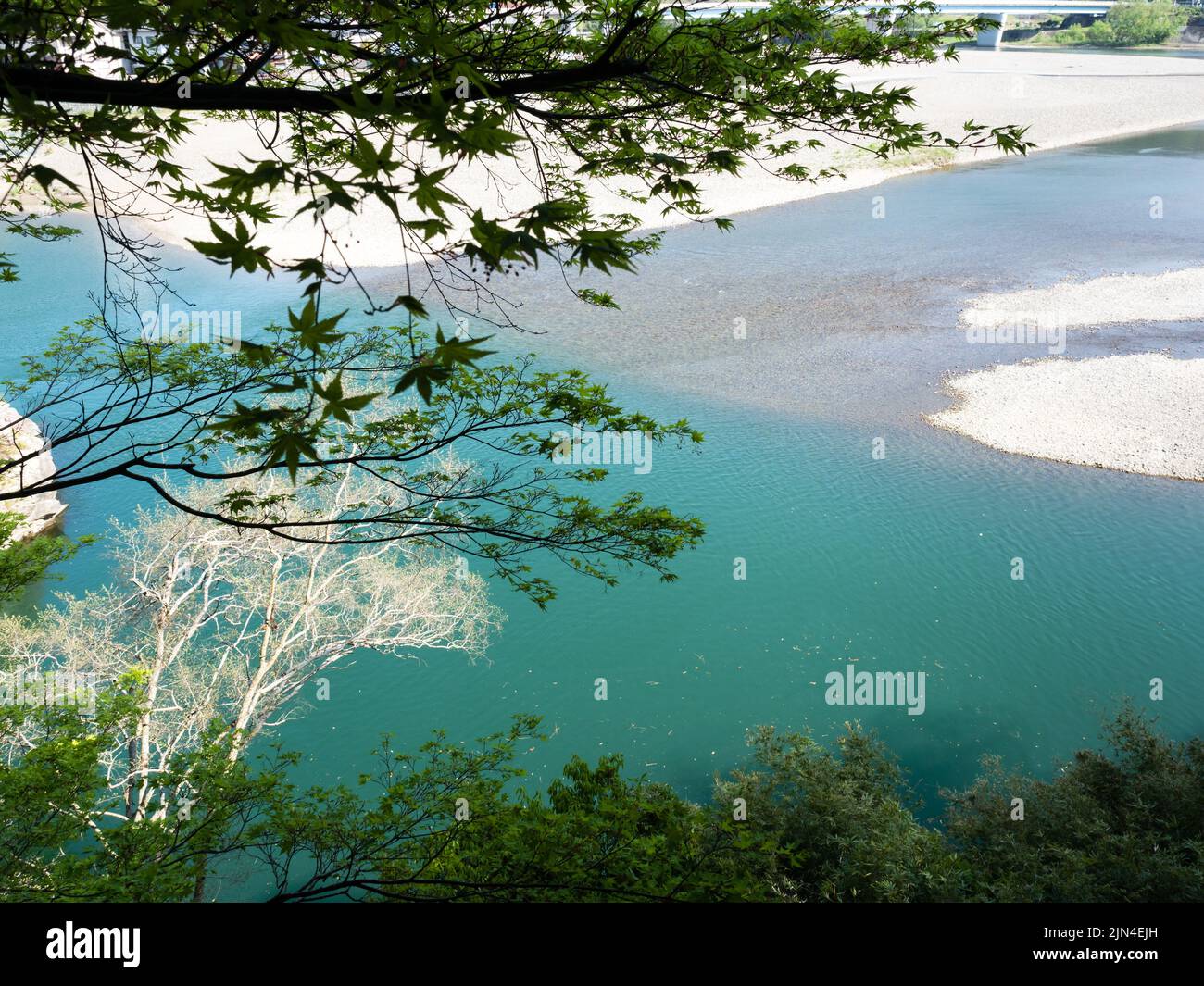 View of Hijikawa river from Furo-an pavilion on the grounds of Garyu ...