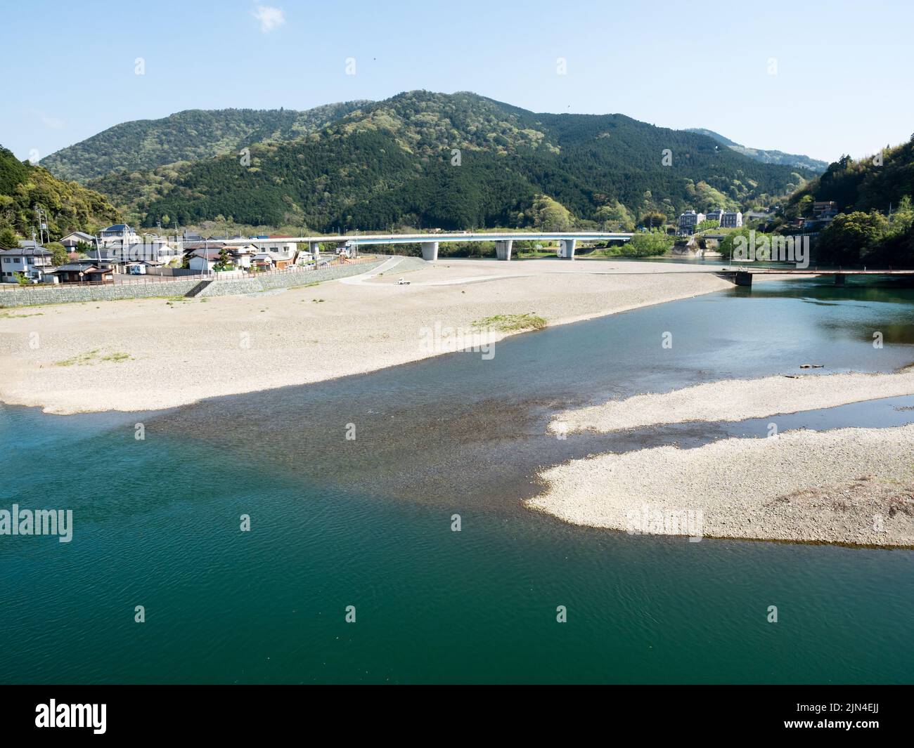 View of Hijikawa river from Furo-an pavilion on the grounds of Garyu ...