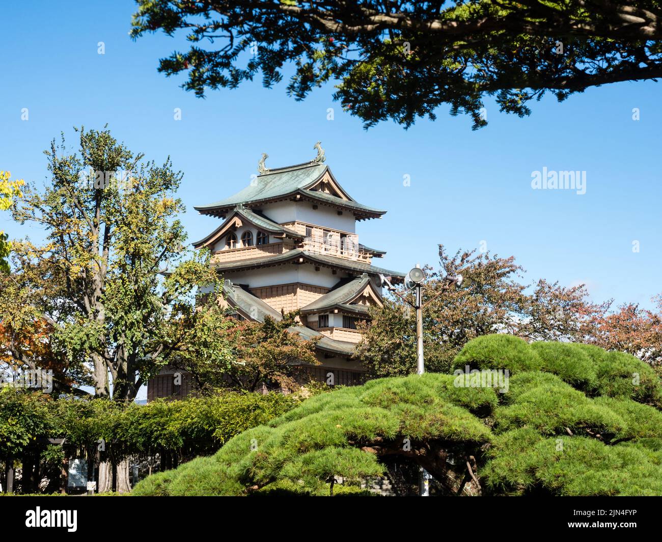 Traditional Japanese public garden near reconstructed Takashima castle ...