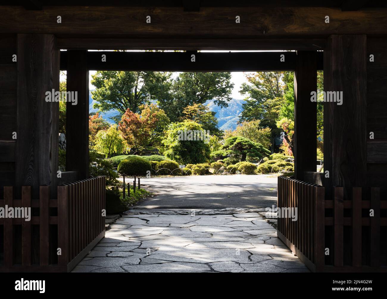 Wooden gate of historic Takashima castle in Suwa - Nagano prefecture ...