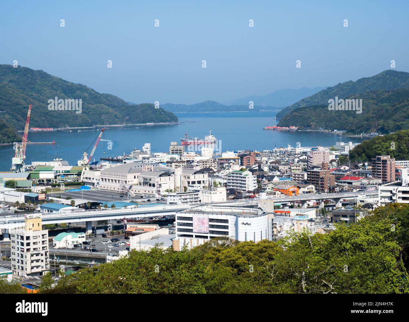 Uwajima, Japan - April 9, 2018: View of downtown Uwajima and Uwajima ...