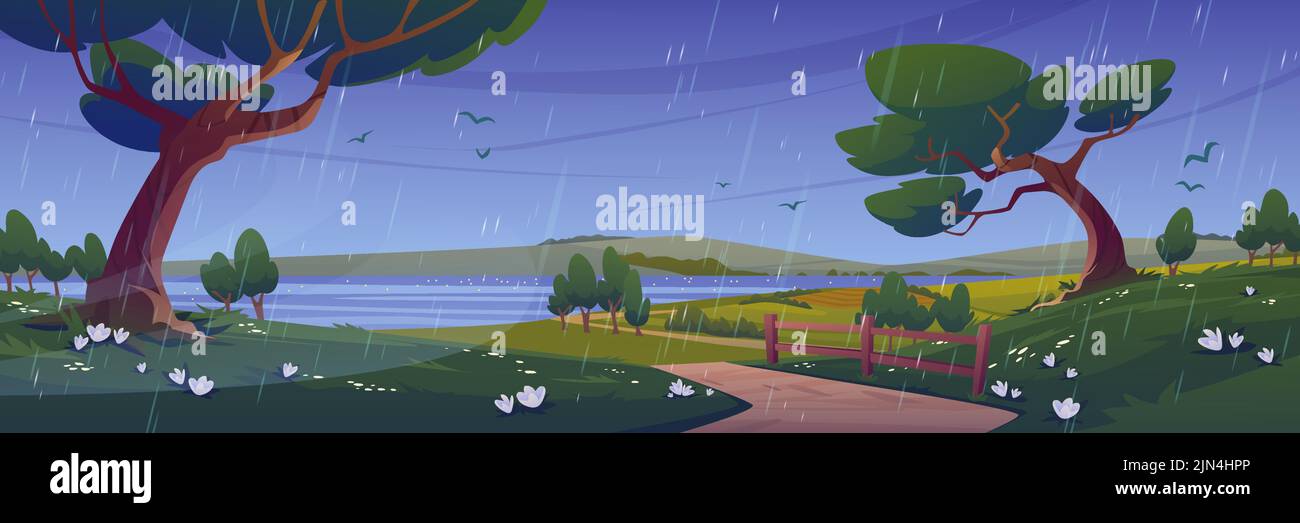 Rural scene with agriculture fields, river, road and trees in rain ...