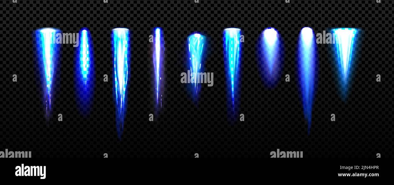 Jetpack light, blue fire flames of space rocket, shuttle launch. Comet ...