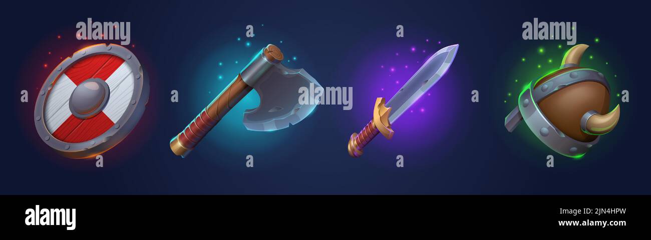 Viking game props icons, medieval battle axe, horned helmet, sword and round shield ...