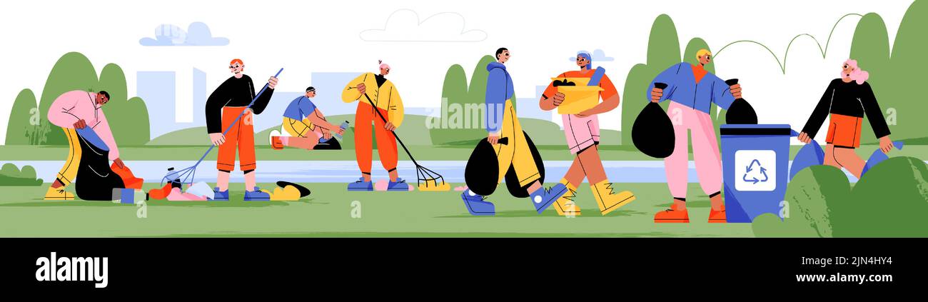 Volunteers collect trash in city park, people clean up garbage ...