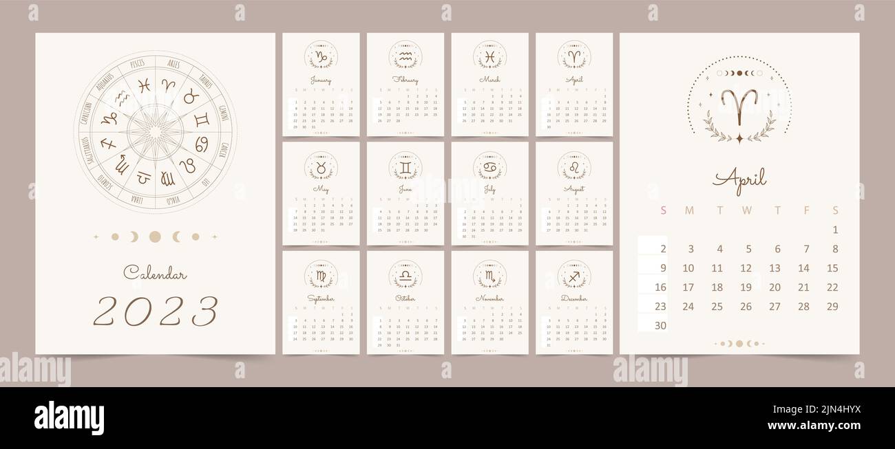 Boho calendar 2023 with zodiac signs. Week starting on sunday ...