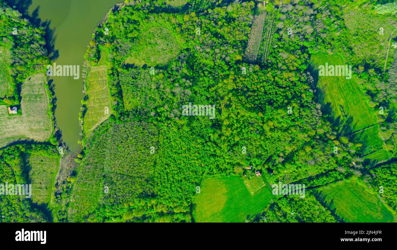 Above top view, overhead, on the end of the lake surrounded by green ...