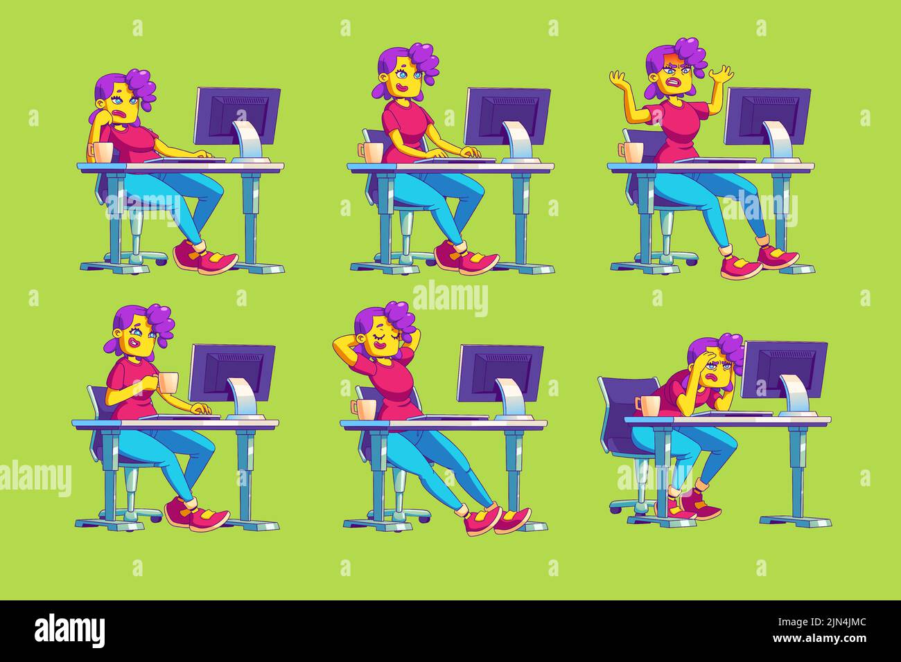 Girl freelancer work on computer with different emotions. Concept of ...