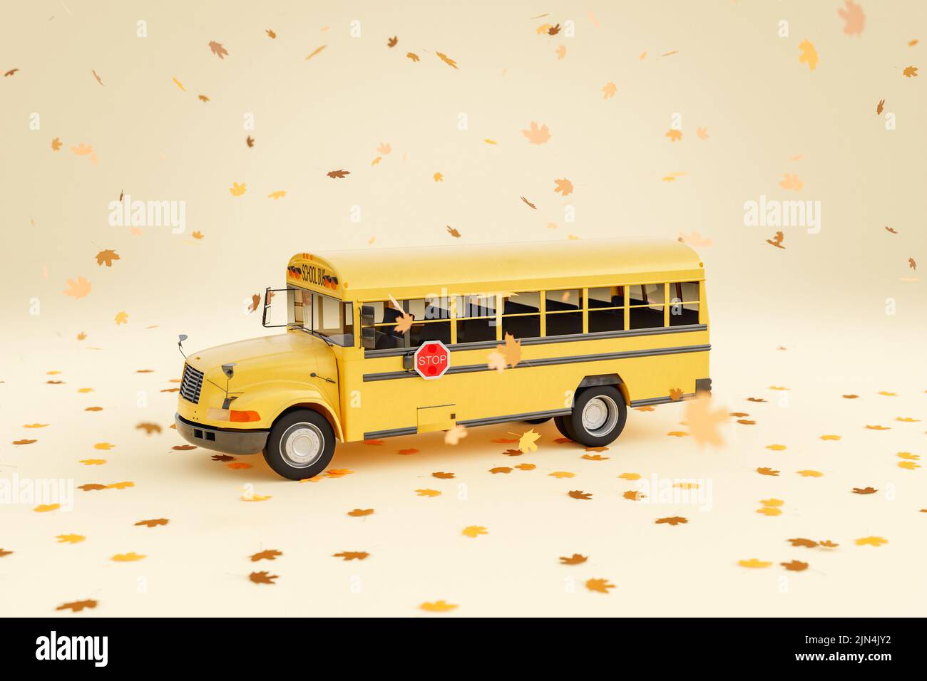3D rendering of yellow school bus with stop sign parked under falling ...