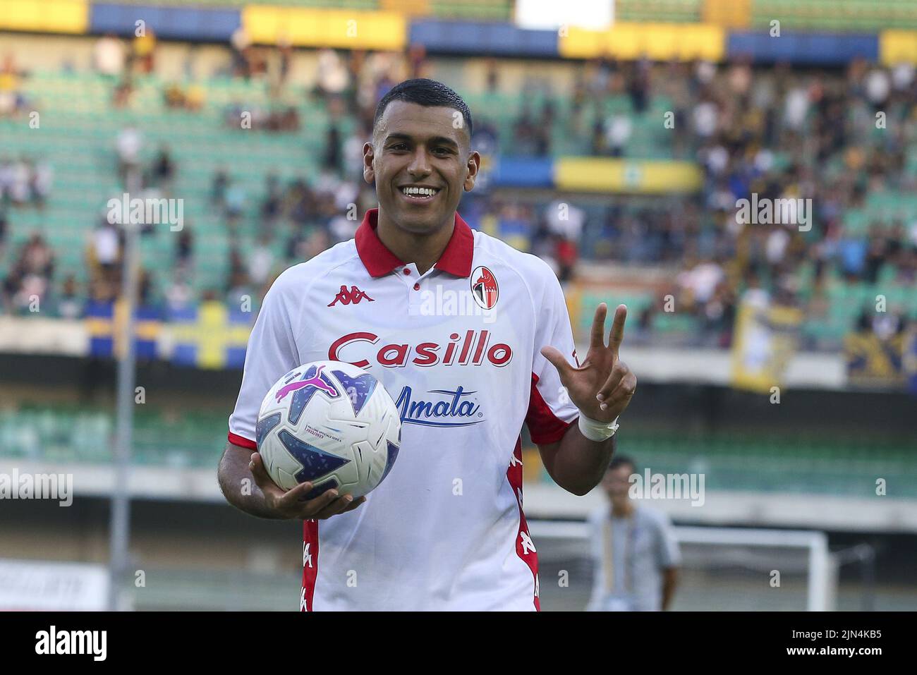 Walid Cheddira of SSC Bari celebrates the victory and 3 goals in Hellas ...