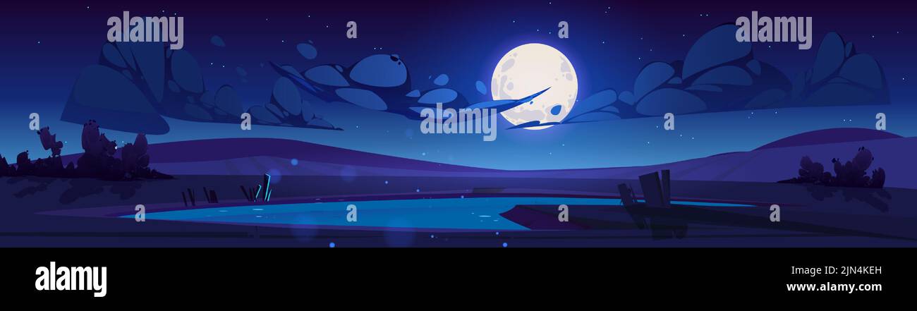 Night lake landscape cartoon vector illustration. Mysterious big moon ...