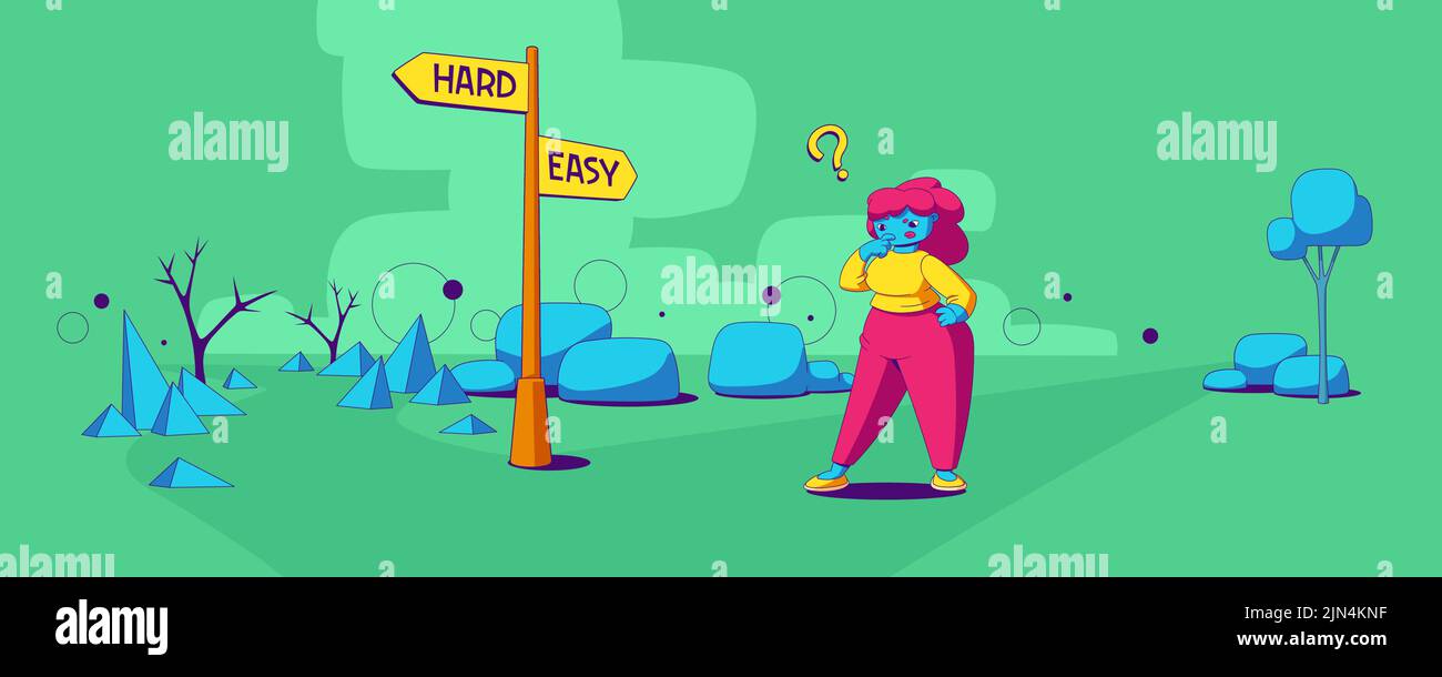 Female character choosing between hard and easy ways, contemporary ...