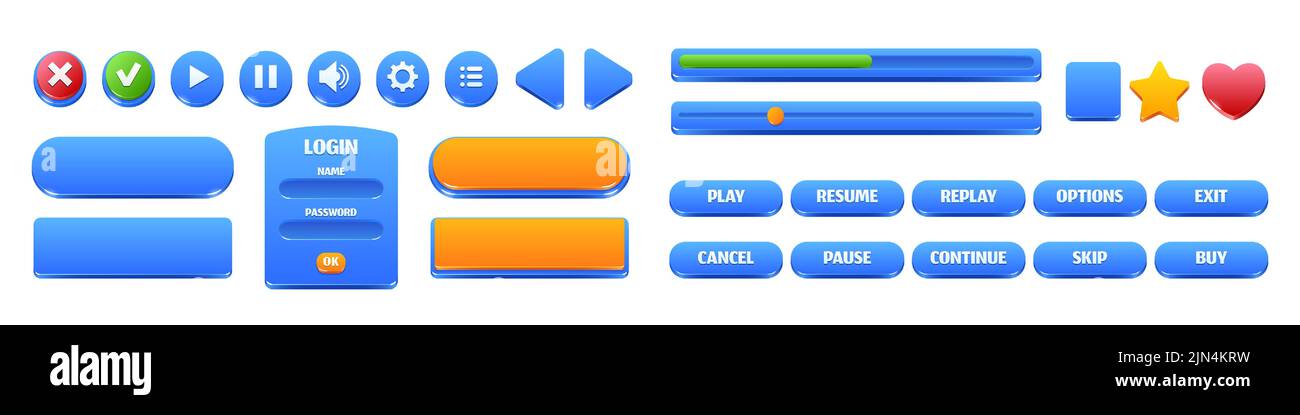 Glossy blue buttons and frames for ui game interface. Vector cartoon ...