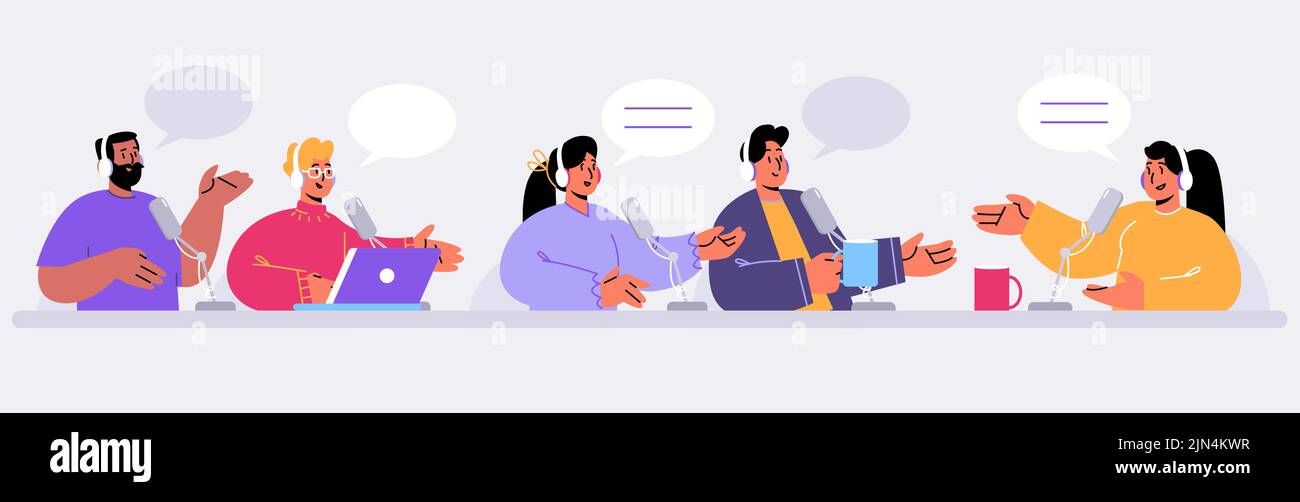 Radio podcast hosts characters sitting at desks with microphones and ...