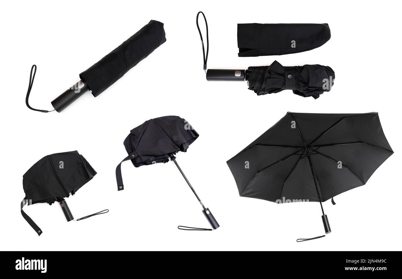 Set of black rain umbrella isolated on white: collapsed umbrella ...