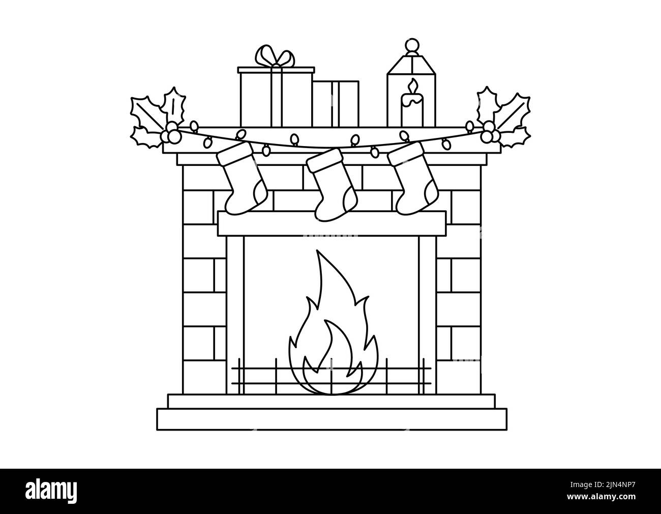 Christmas fireplace burn with sock anf gift decoration line art vector ...