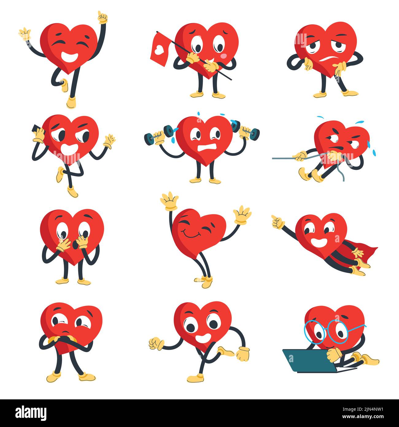 Heart character cheering, exercising and working Stock Vector Image ...