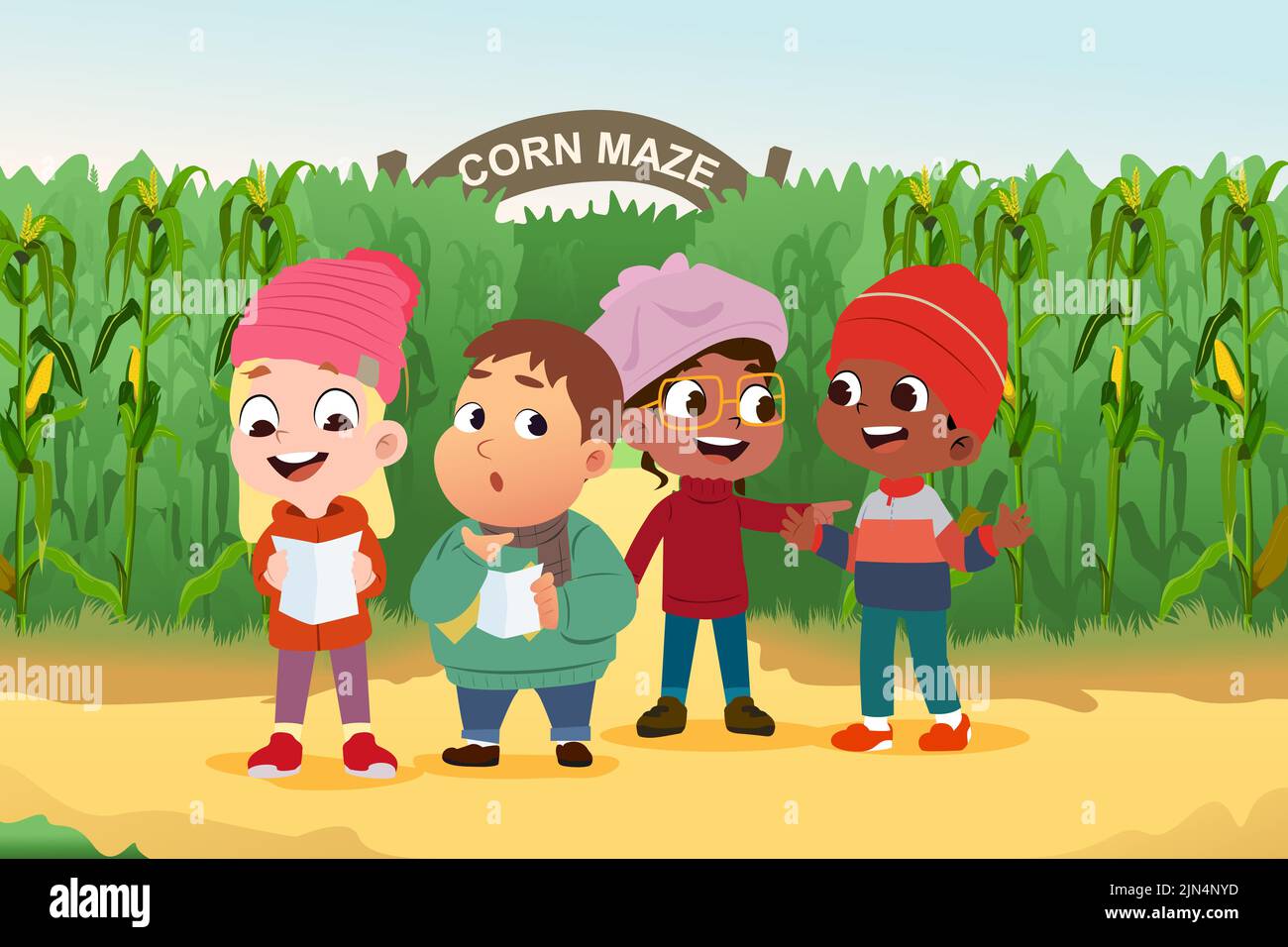A vector illustration of Children Reading Map in a Corn Maze During ...
