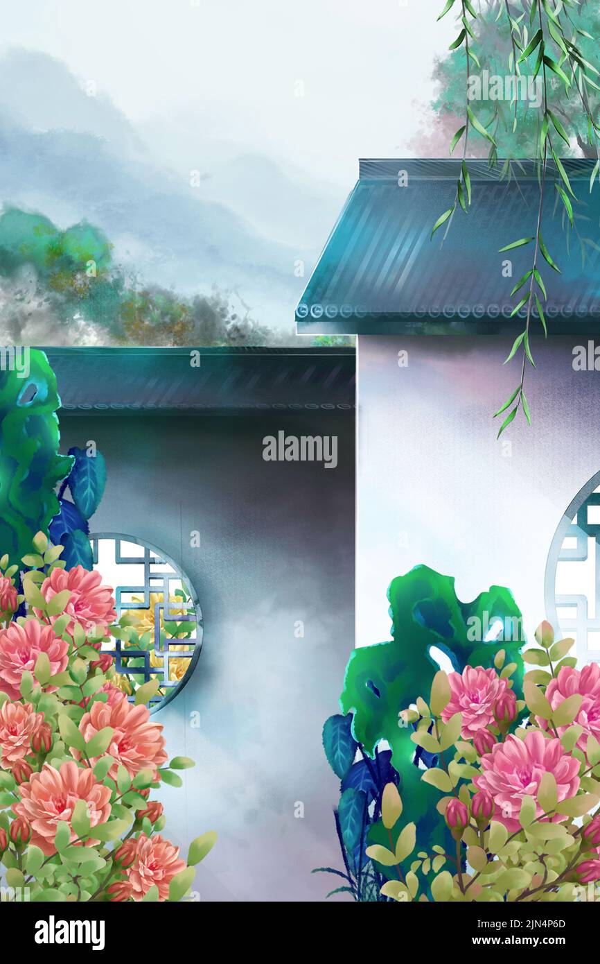 Chinese classical landscape architecture landscape illustration ...