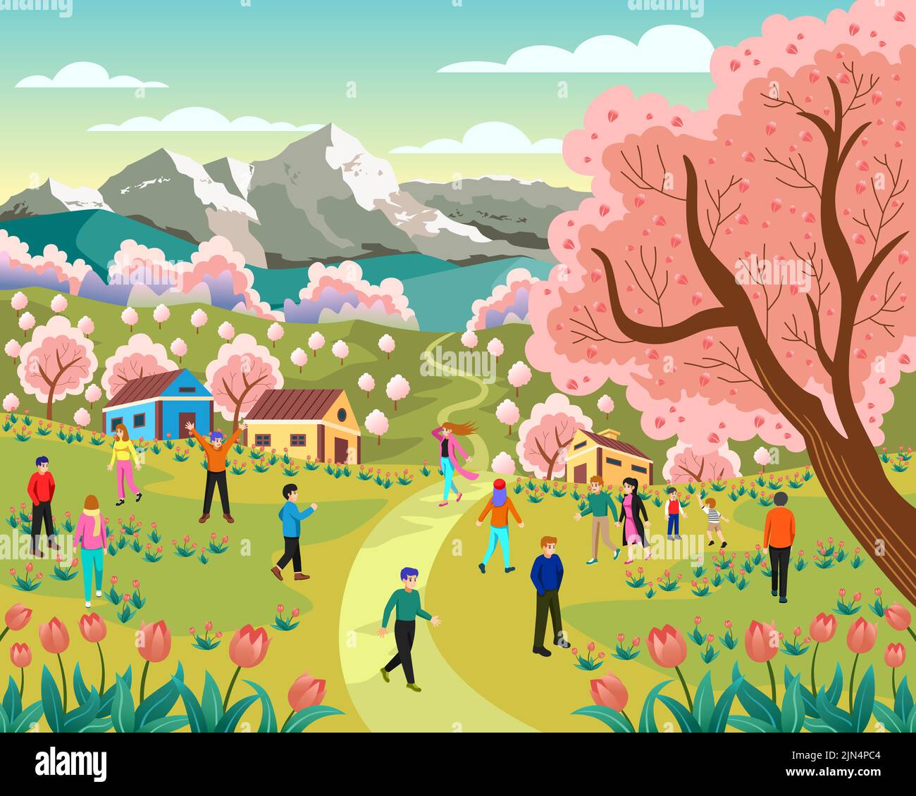 A vector illustration of People in a Park During Spring Season Stock ...