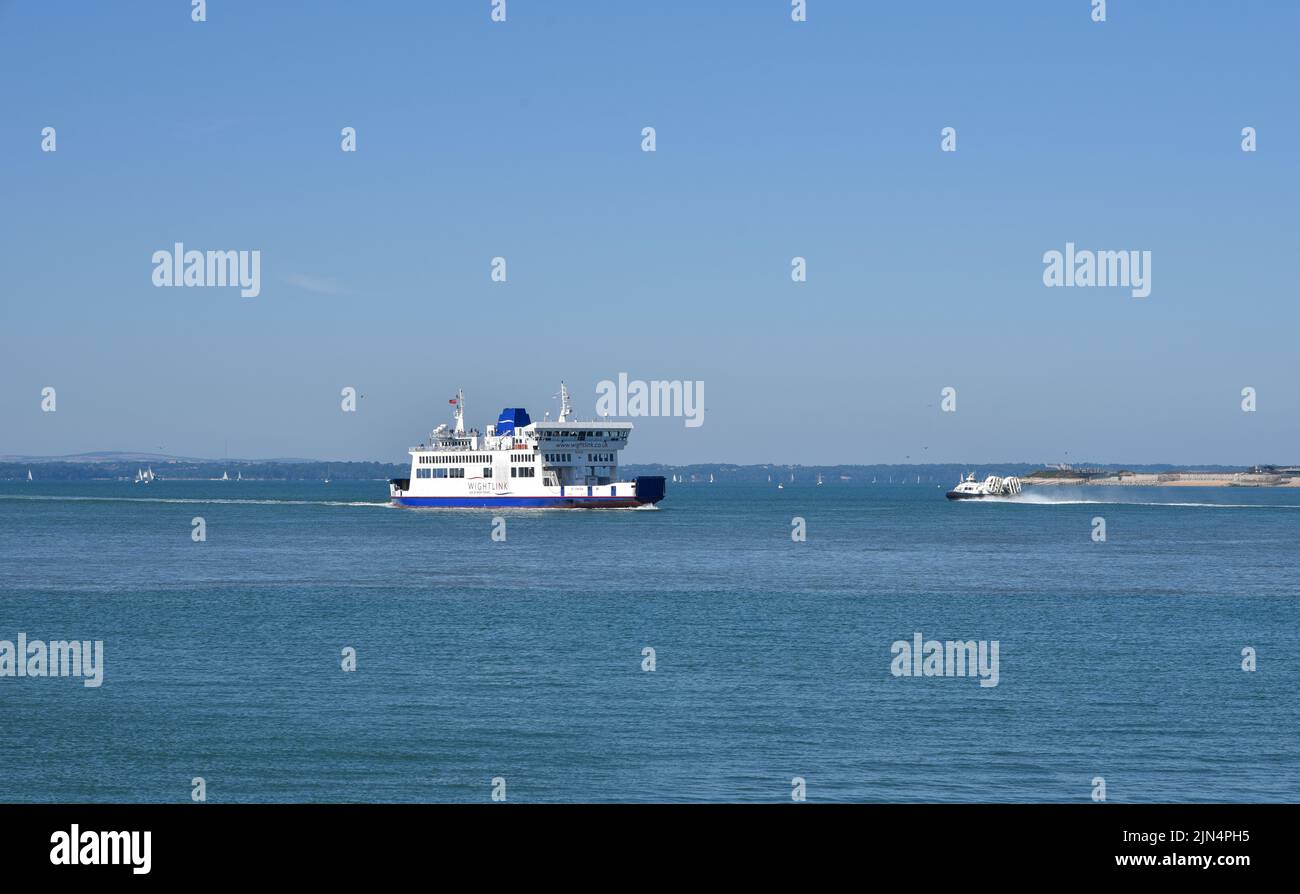 Wightlink car ferry approaches Portsmouth harbour while a Hovertravel ...