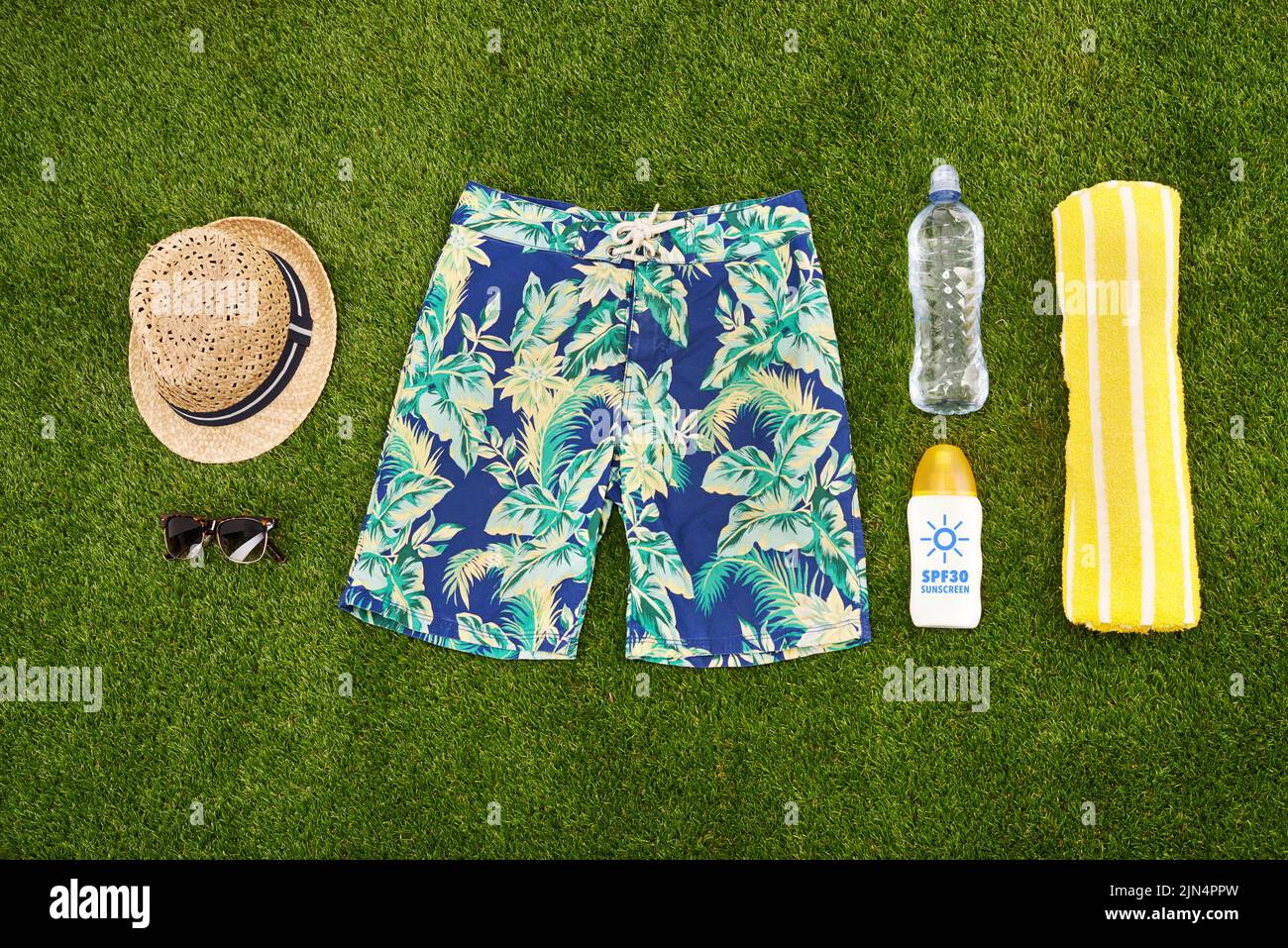 Mens casual summer fashion with accessories items, overhead top view ...