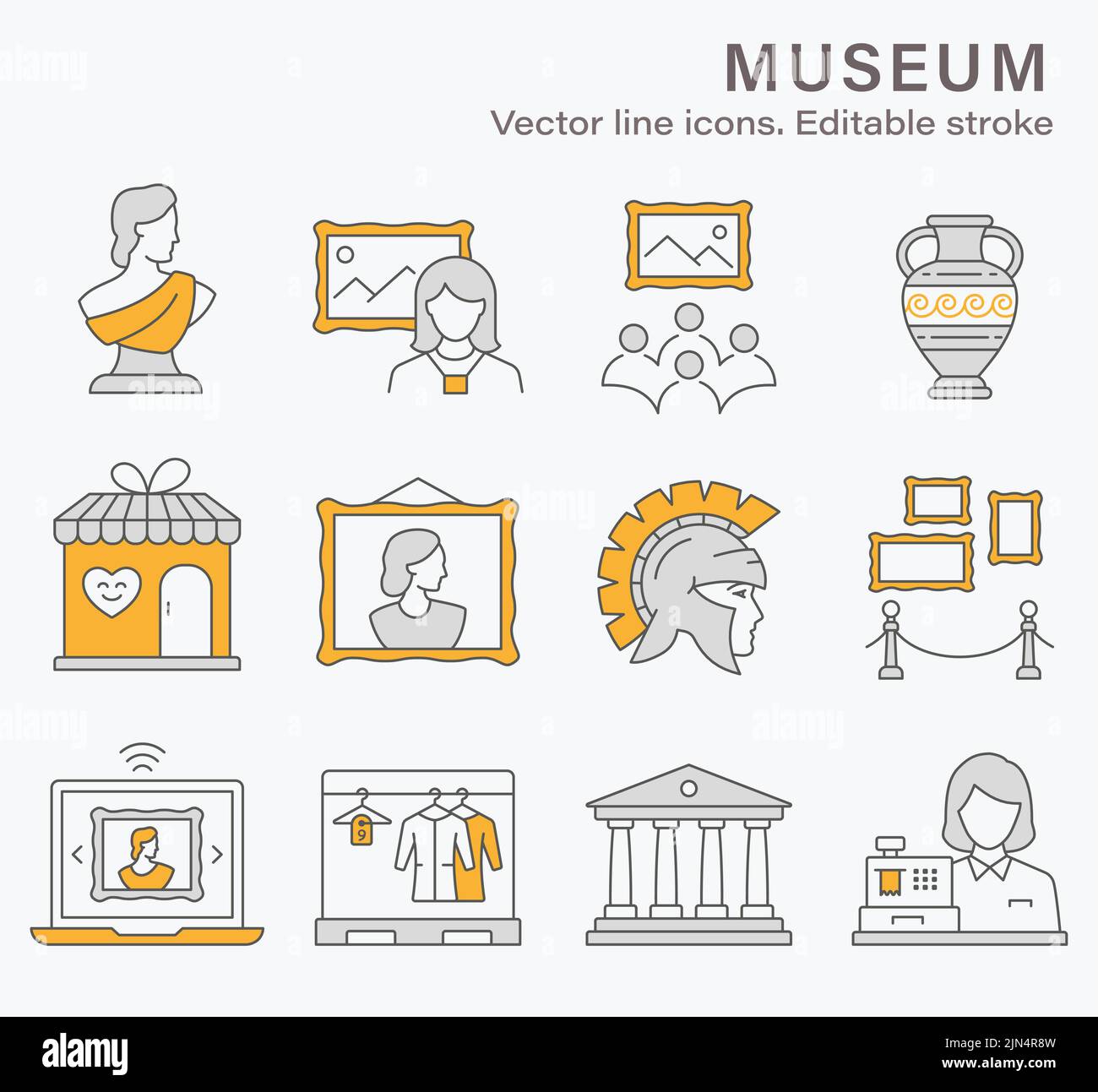 Museum icons, such exhibit, culture, antique, helmet and more. Vector ...