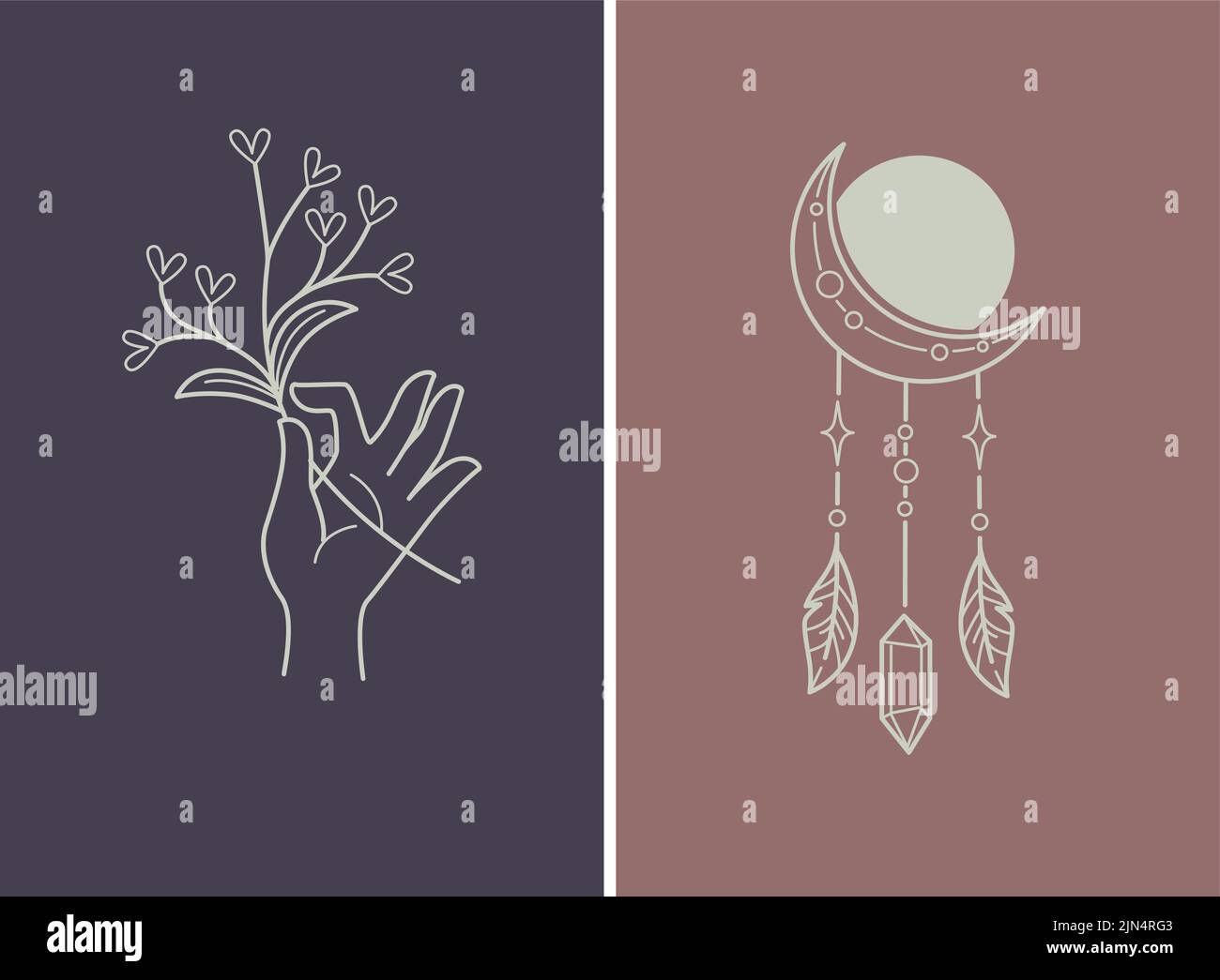 Crescent moon and hands with plants, magic signs Stock Vector Image ...