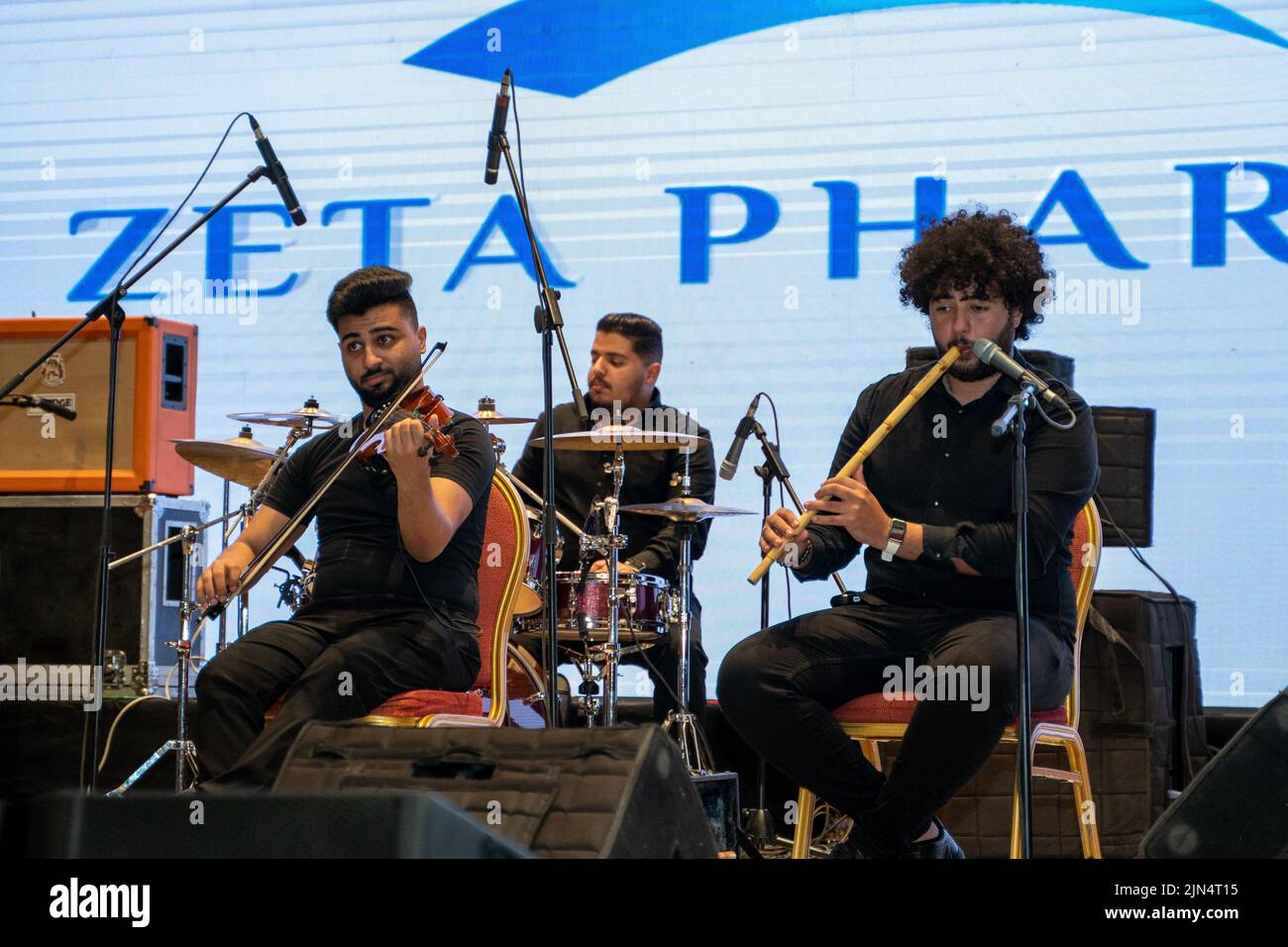 A view of musicians playing on stage during medical event in Alexandria ...